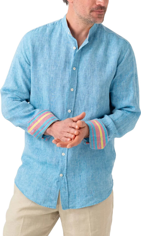 KOY Linen Striped African Kikoy Regular Fit Grandad Collar Shirt ...