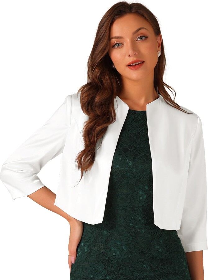 Allegra K Satin Cardigan for Women's Open Front Elegant Formal 3/4 Sleeve Bolero Shrug Jacket ...