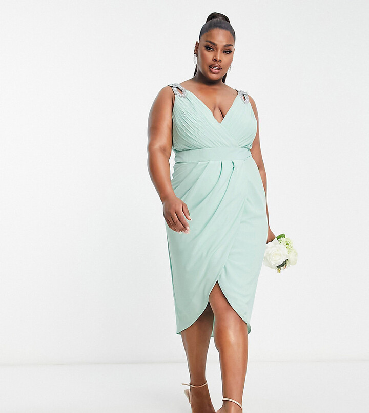 TFNC Plus Bridesmaid wrap front chiffon midi dress with embellished shoulder detail in sage ...