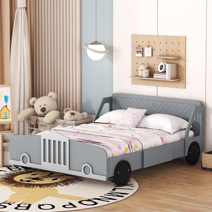RASOO Gray Full Size Unique Car Platform Bed with headboard and Safety ...