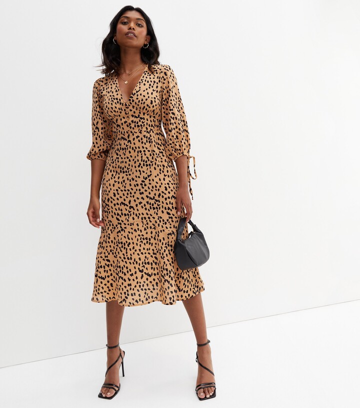 Gini London Brown Animal Print V Neck Midi Dress - ShopStyle