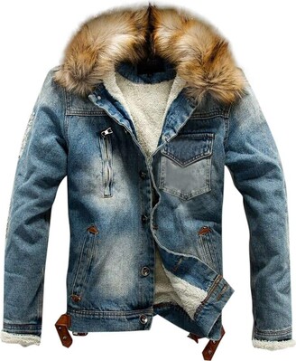 COZYDAY Hooded Denim Jacket Mens Teddy Fleece Lined Denim Jacket Fur ...