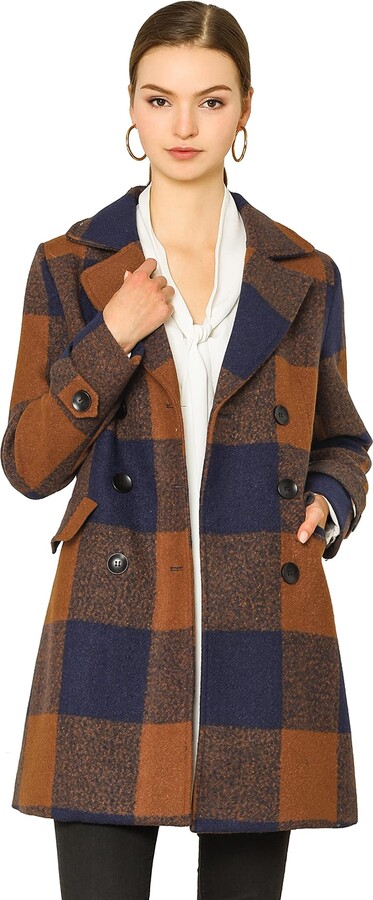 Allegra K Women's Notched Lapel Double Breasted Winter Plaids Coat Brown S - ShopStyle