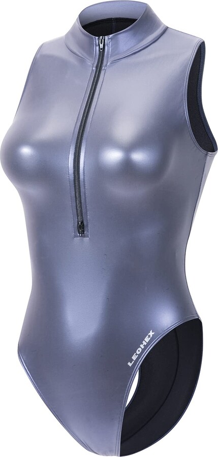 LEOHEX Metallic Shiny Spandex Leotard Sexy Bodysuit High Neck One Piece ...