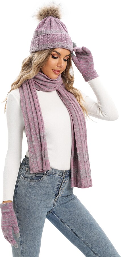 NATUST Women Hat Scarf Gloves Set Winter Thicken Knitted Beanie Soft ...