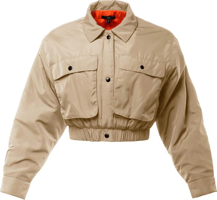 A2Y Cropped Front Two Pocket Snap Quilted Padding Bomber Jacket Khaki ...