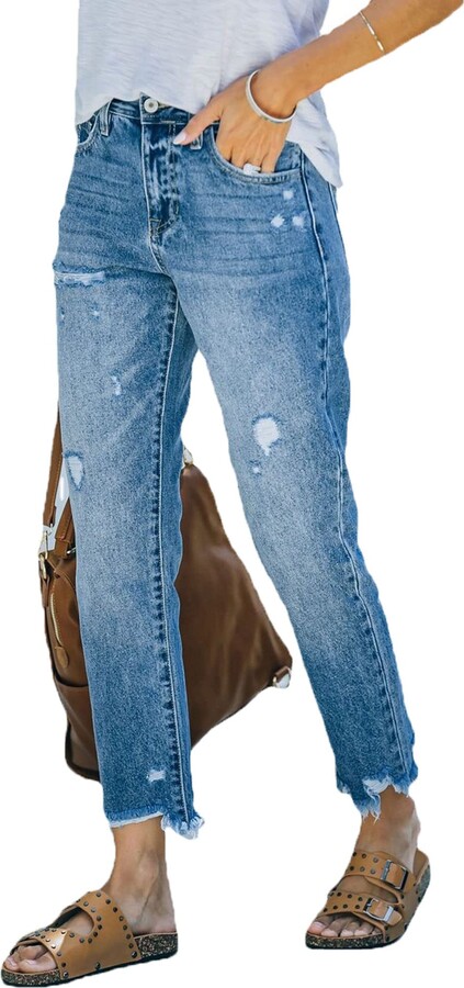 DFGHN Women's Ripped Stretch Straight Baggy Jeans Mid Rise Cut Off ...