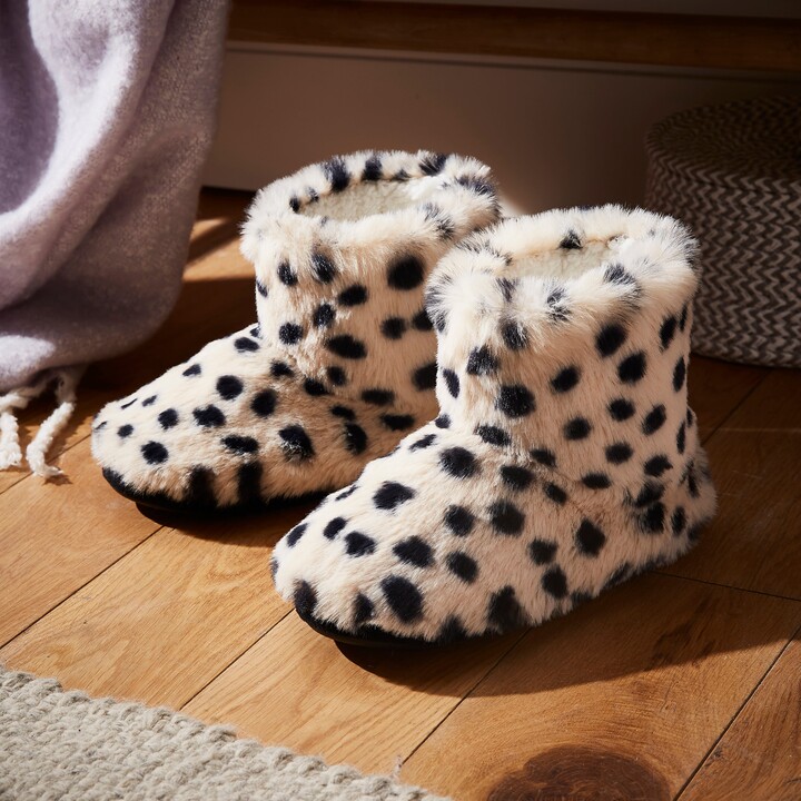 Dunelm Mono Black & White Spotty Faux Fur Dalmatian Boot Slippers, Size ...