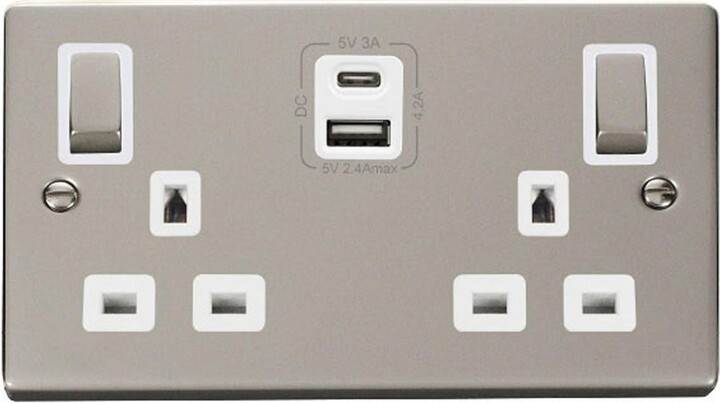 SE Home Pearl Nickel 2 Gang 13A DP Ingot Type A & C USB Twin Double ...