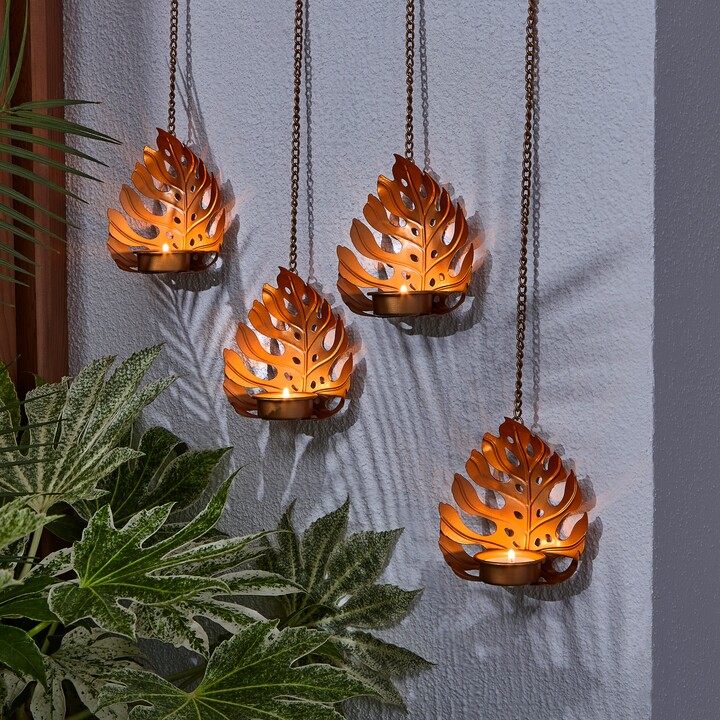 Dunelm Set of 4 Hanging Gold Leaf Outdoor LED Tealights Gold - ShopStyle