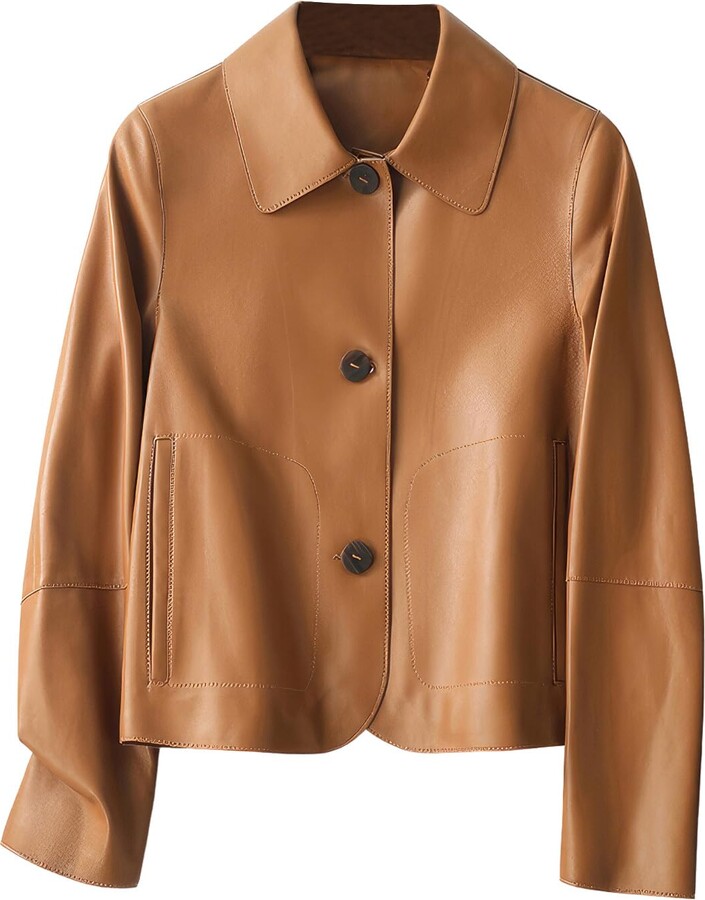 Deja Exe Women's Brown Genuine Sheepskin Cropped Leather Jacket - ShopStyle