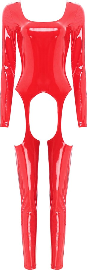 Choomomo Women's Wetlook PVC Bodysuit Sleeveless Hollow Out Full Body ...