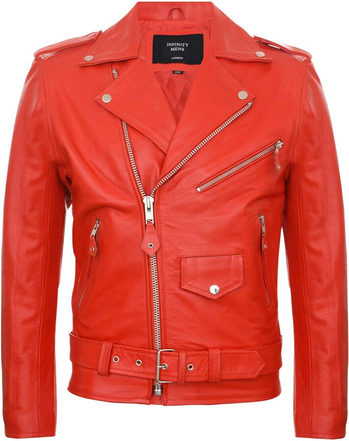 Infinity Leather Men's Leather Red Brando Biker Jacket Rock Motorcycle ...
