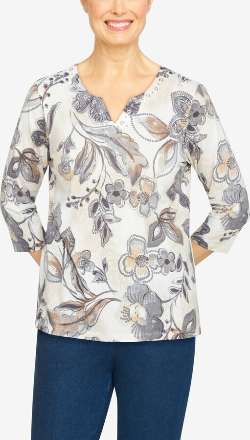 Alfred Dunner Women's Key Items Neutral Floral Print Embellished Neck ...