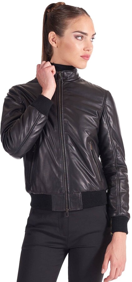 D'Arienzo Black Women Genuine Italian Leather Bomber Jacket Moto Jacket ...