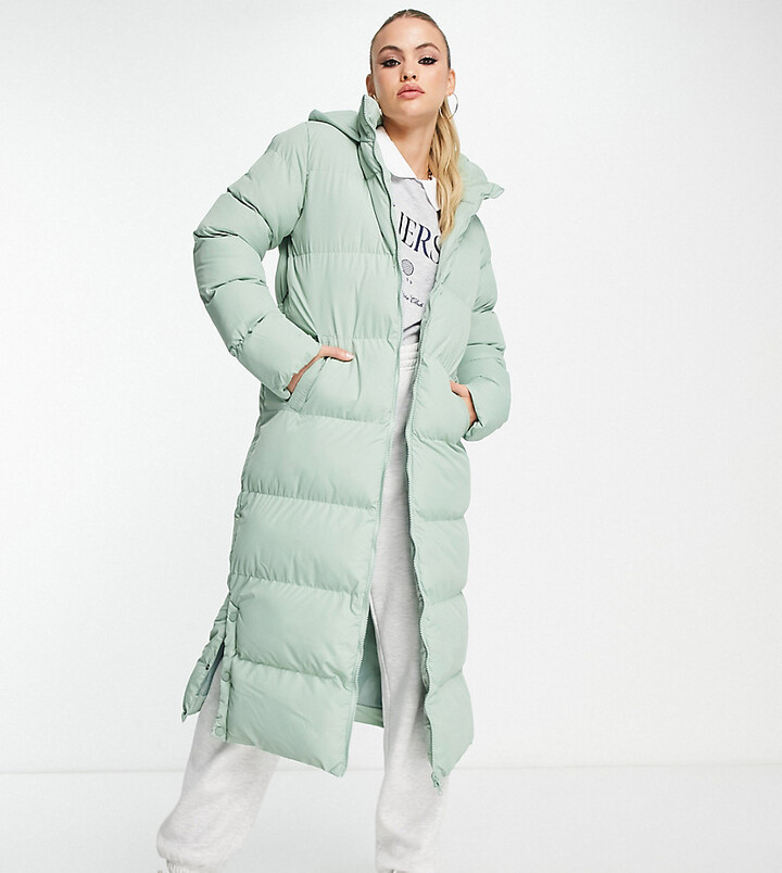 Threadbare Tall Addison belted maxi puffer coat in sage green - ShopStyle