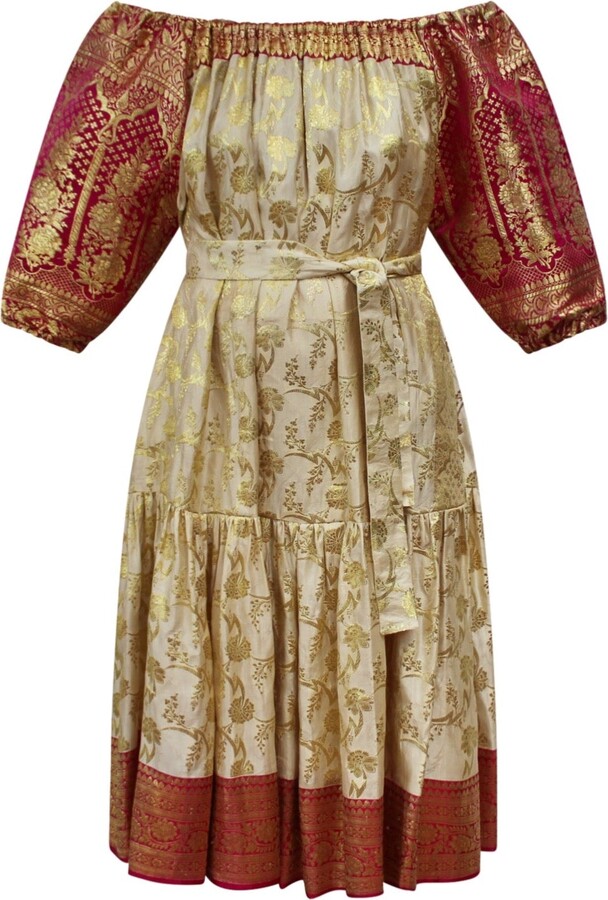 Eluroom Women's Ausus - Vintage Silk Sari Celestial Gold Sari Dress ...