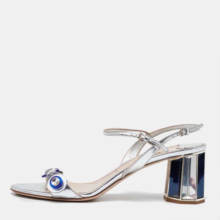 Miu Miu Metallic Silver Patent Leather Crystal Embellished Block Heel Ankle Strap Sandals Size ...