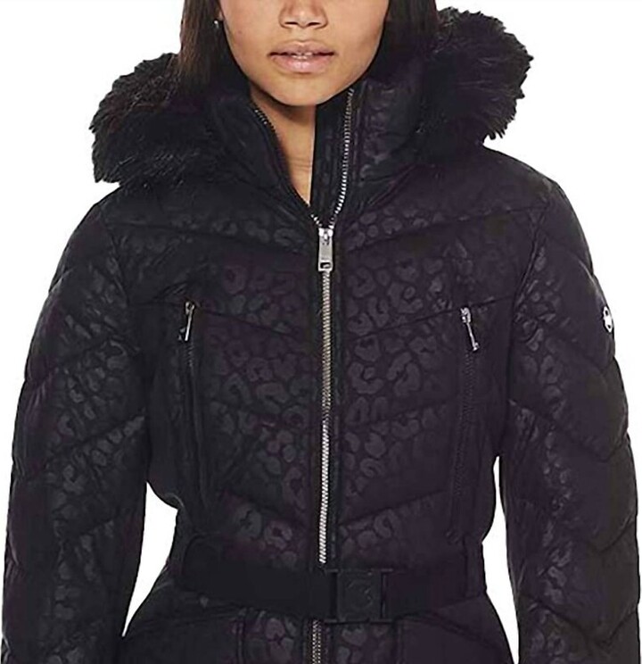 Michael Kors Logo Leopard Belted Hooded Down Puffer Coat In Black ...