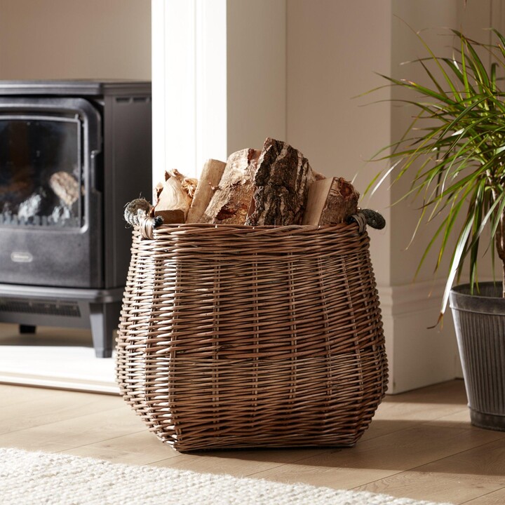 Dibor Round Wicker Fireside Kindling Basket Log Cradle Storage Bucket with Jute Hessian Lining ...