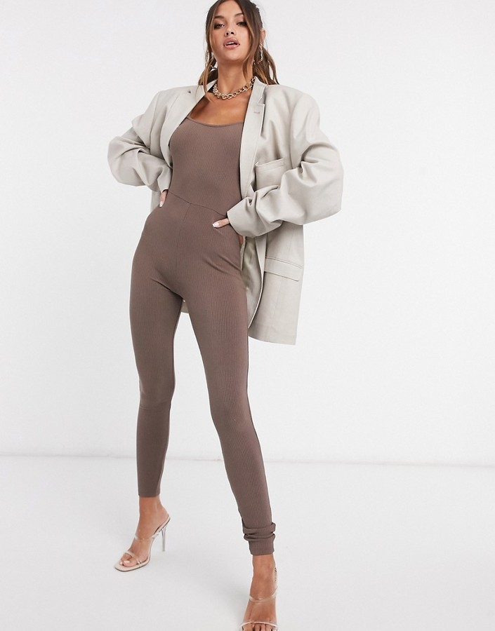 ASOS DESIGN jersey square neck rib unitard in tobacco brown - ShopStyle Jumpsuits & Rompers