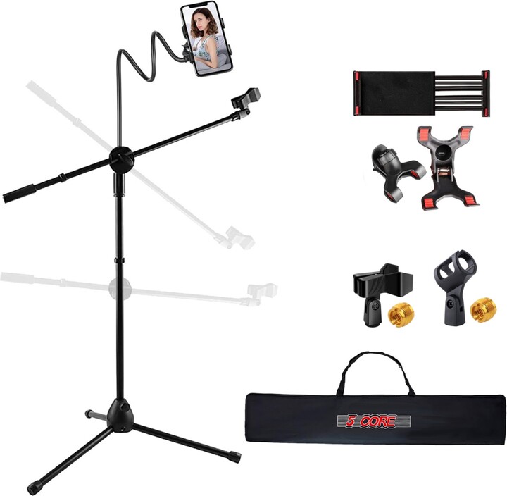 5 Core Microphone Stand + Phone Holder Floor Boom Mic Stand Gooseneck ...