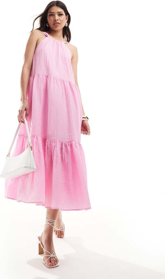 French Connection tiered smock midi dress in pink - ShopStyle