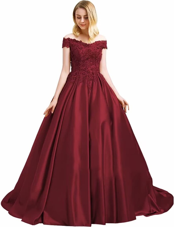 Generic Off Shoulder Satin Prom Dress Red Long Lace Applique Formal Evening Gowns for Women ...