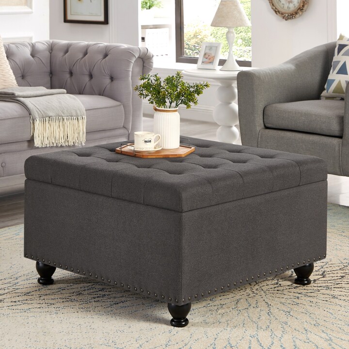 Simplie Fun Dark Grey Square Ottoman with Storage, Button Tufted & Nail ...