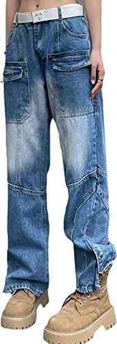 LANG XU GLASS American Retro Tooling Baggy Jeans Women's High Street Hip-Hop Design Casual ...