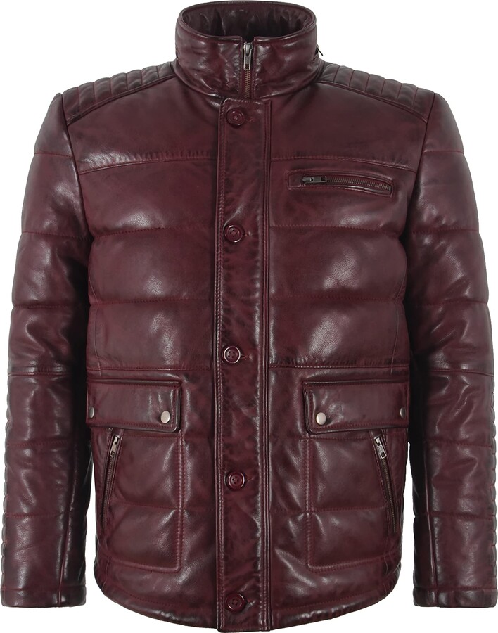 Smart Range Leather Men's Puffer Real Leather Jacket Oxblood Casual ...
