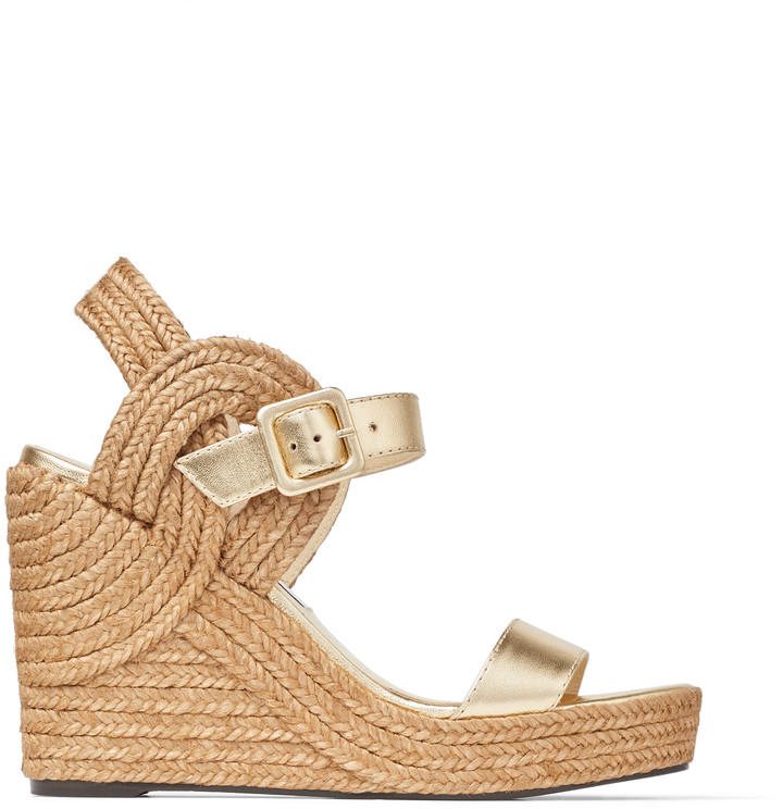Jimmy Choo DELPHI 100 Metallic Gold Nappa Leather Wedge Sandals with ...