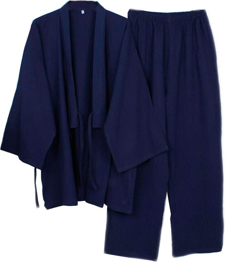 thefancypumpkin Japanese Mens Meditation Robe Double Gauze Cotton Dressing Gown Kimono Pajamas ...