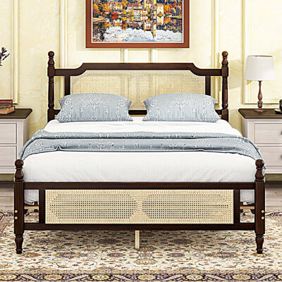 Dakota Fields Queen Pine wooden Bed with Rattan Headboard and Footboard, with Central Enhanced ...