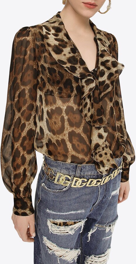 Dolce & Gabbana Leopard Print Ruffled Silk Blouse - ShopStyle