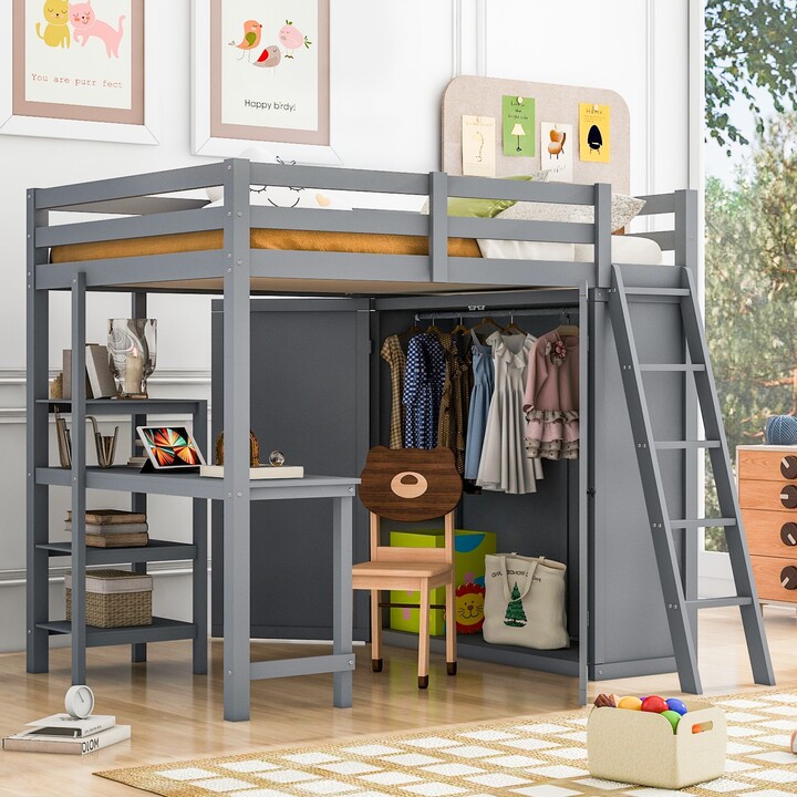 Sunmory Full Size Loft Bed with Wardrobe and Desk & Storage Shelves ...