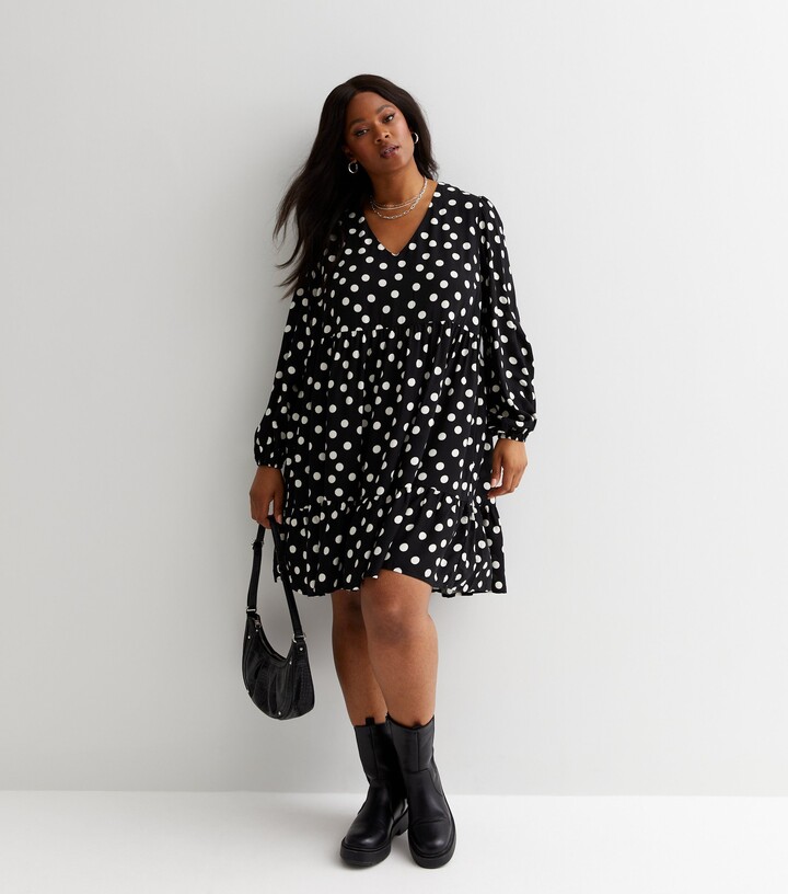 New Look Curves Black Spot V Neck Long Puff Sleeve Tiered Hem Mini ...