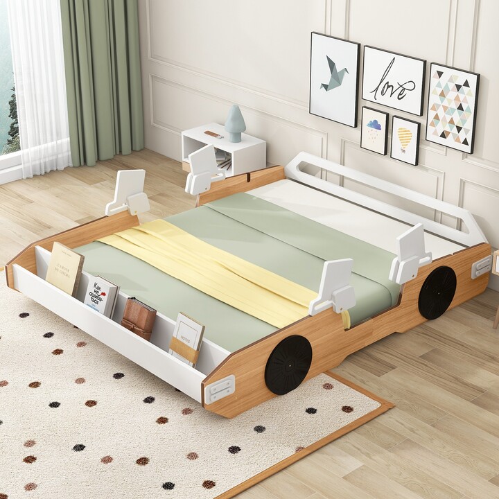 GEROJO Natural Racing Car Platform Bed with Adjustable Gear Positions ...