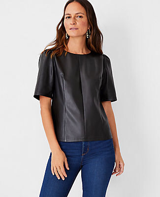 Ann Taylor Petite Faux Leather Puff Sleeve Top - ShopStyle