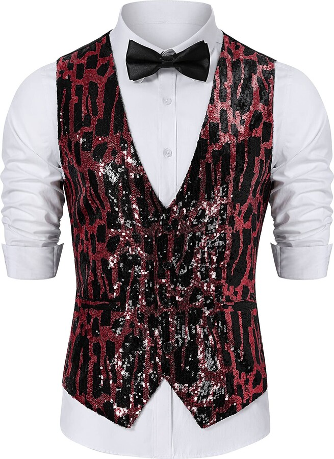 TURETRENDY Men's Shiny Sequins Vest V-Neck Slim Fit Stylish Vest ...