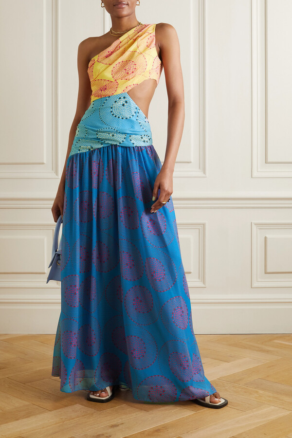 STAUD Ashlyn One-shoulder Cutout Printed Chiffon Maxi Dress - Blue ...