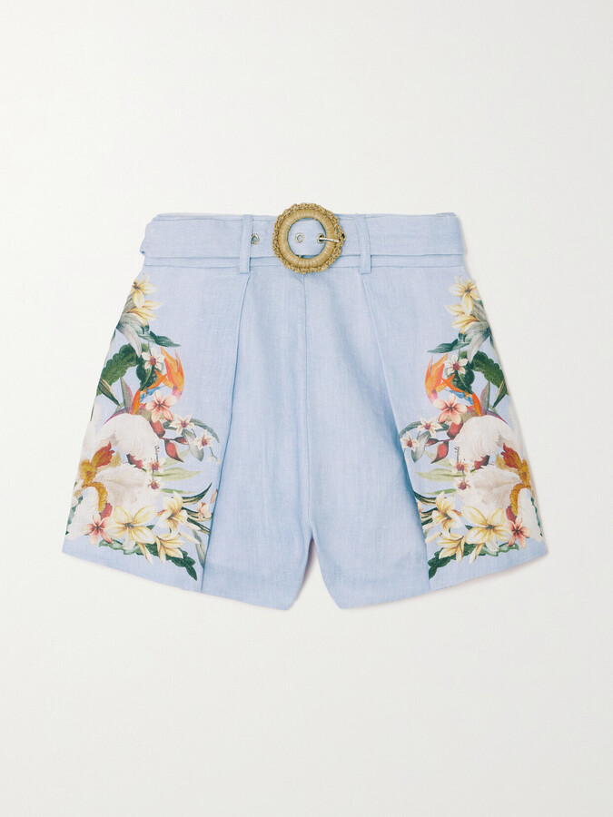 Zimmermann Lexi Belted Floral-print Linen Shorts - Blue - ShopStyle