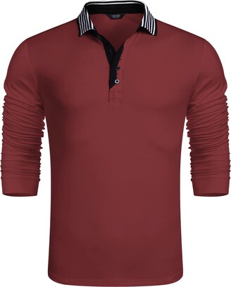 COOFANDY Men's Long Sleeve Polo Shirt Striped Collar Casual Slim Fit Cotton Polo T Shirts ...