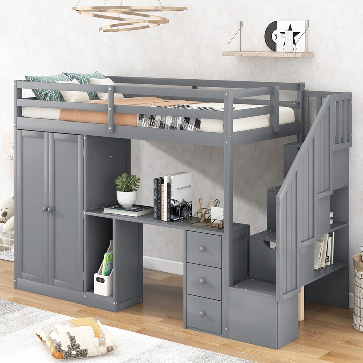 LELATTRADE Solid Wood Loft Bed Frame with Desk and Storage Drawers ...
