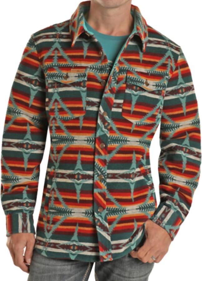 Powder River Aztec Wool Blend Shirt Jacket In Teal/multi - ShopStyle