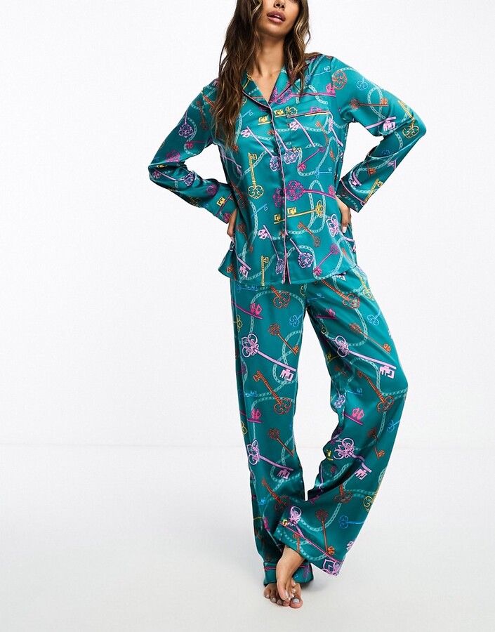 Chelsea Peers satin keys and chain long pyjama set in teal - ShopStyle
