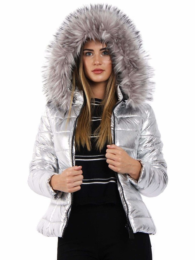 SS7 Womens Silver Puffer Jacket with Faux Fur - ShopStyle