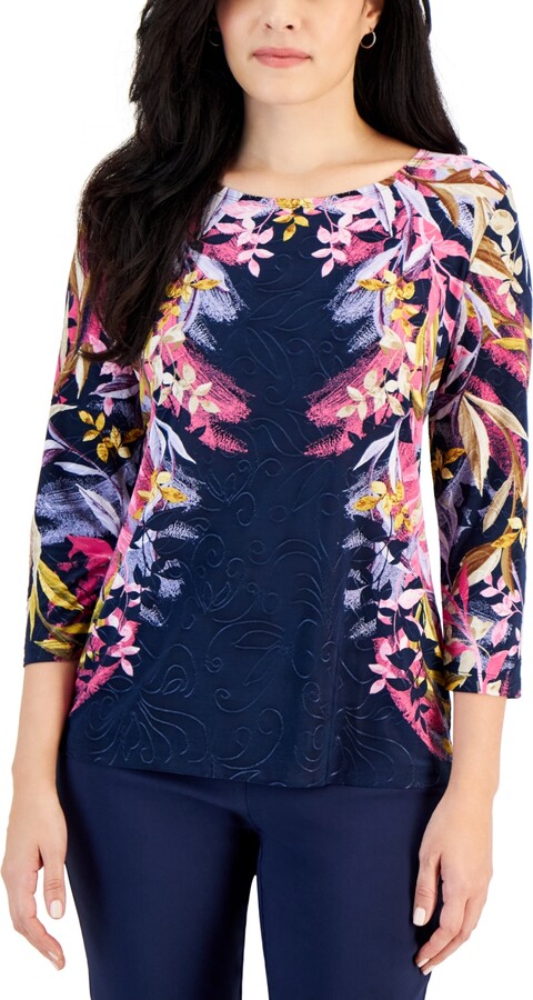 JM Collection Petite Coastal Cascade Floral Jacquard Top, Created for ...