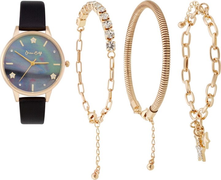 Jessica Carlyle Women's Black Faux-Leather Strap Watch 34mm Gift Set ...