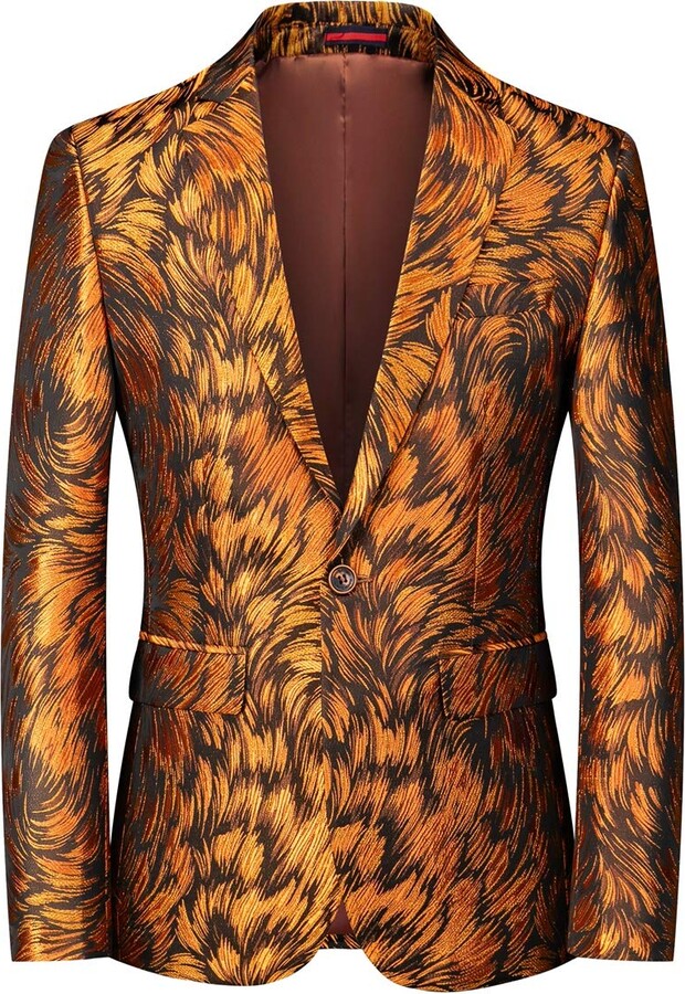 YOUTHUP Mens Embroidery Blazer Slim Fit 1 Button Pattern Suit Jacket ...